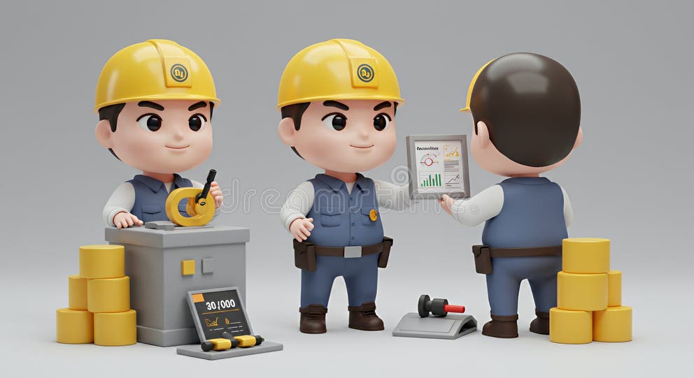 Three Cheerful Cartoon Engineers in Yellow Hard Hats and Blue Uniforms ...