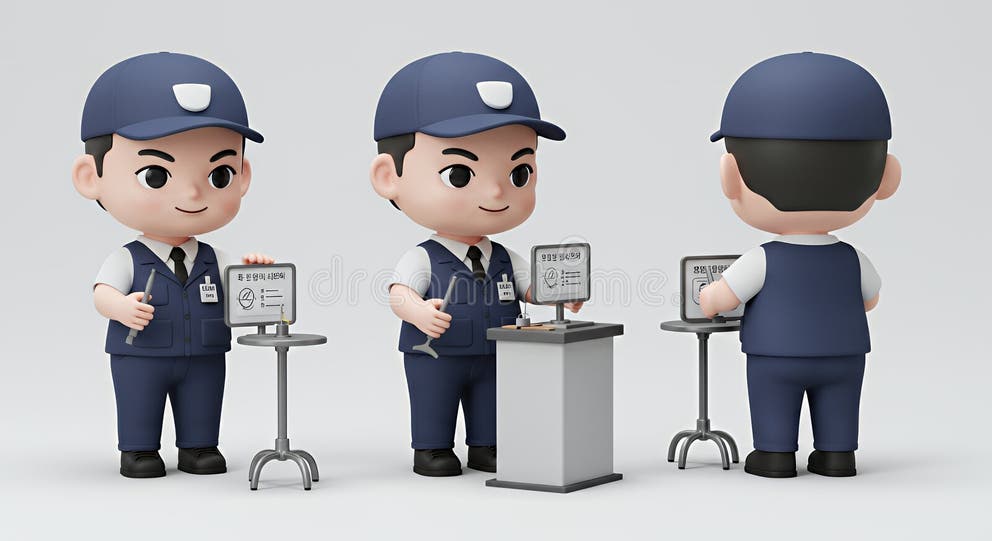 Three Cute 3D Rendered Chibi Security Guards in Dark Blue Uniforms with ...