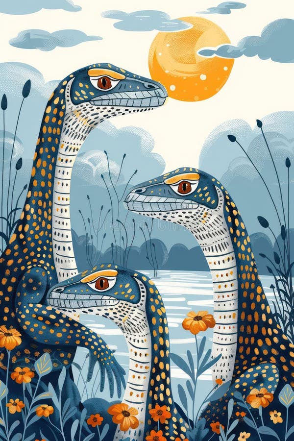 Three Elegant Dinosaurs by the Lake at Sunset Stock Illustration ...