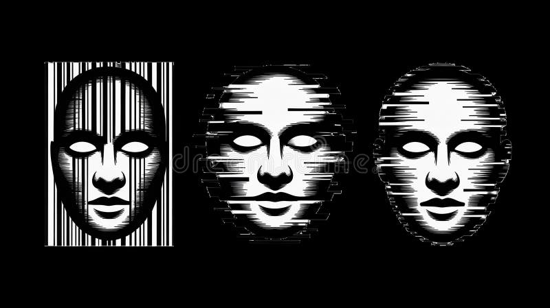 Three Stylized Faces with Glitch and Bar Code Effect on Transparent ...