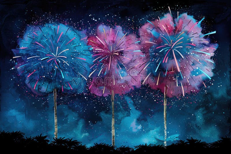 Magical Fireworks Night, Three Colorful Explosions in Starry Sky Stock ...