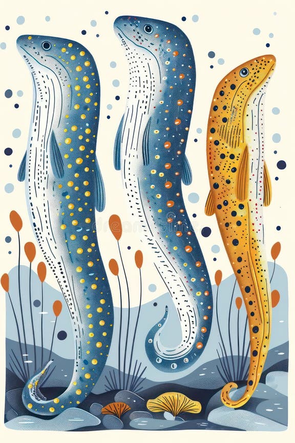 Three Stylish Spotted Eels Swimming Underwater in a Whimsical Scene ...