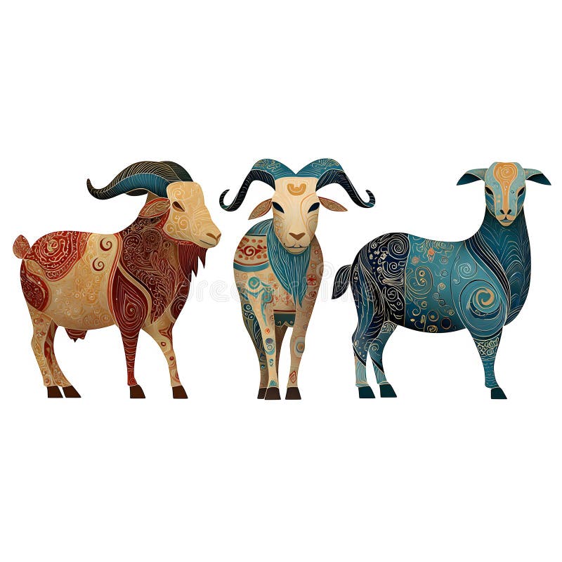 Three Stylized Goats with Intricate Patterns Standing Side by Side on a ...