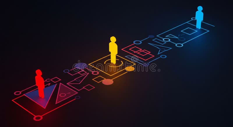 Three Stylized Humanoid Figures Stand on a Digital, Circuit-like ...