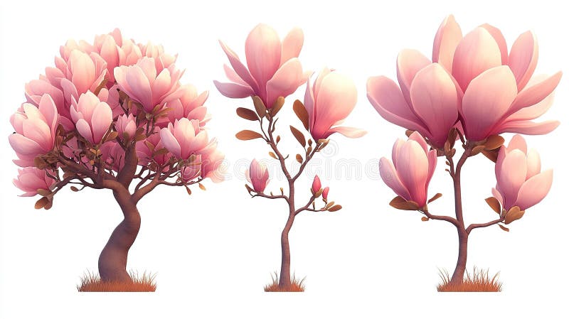 Three Stylized Pink Magnolia Trees of Varying Sizes, Isolated on White ...