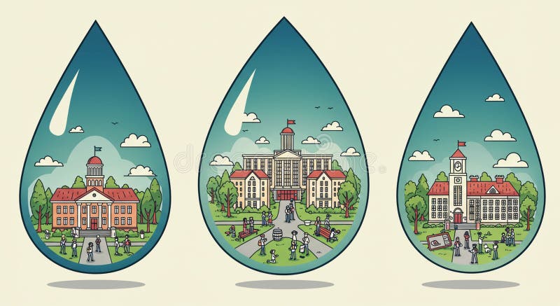 Three Stylized Raindrop-shaped Illustrations Depict Academic Buildings ...