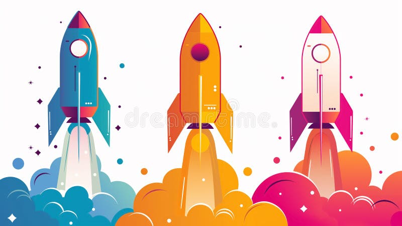 Three Stylized Rockets in Vibrant Colors Launch with Dynamic Clouds and ...