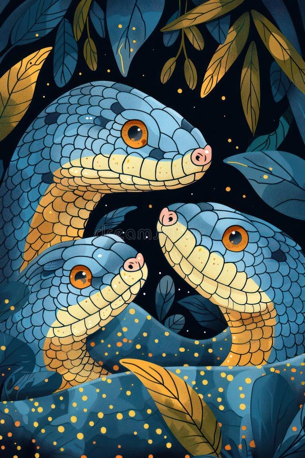 Serene Trio of Blue Snakes in Lush Foliage, Nighttime Mystique Stock ...