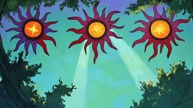 Three Stylized Suns Shining Brightly Above Lush Green Foliage Stock ...