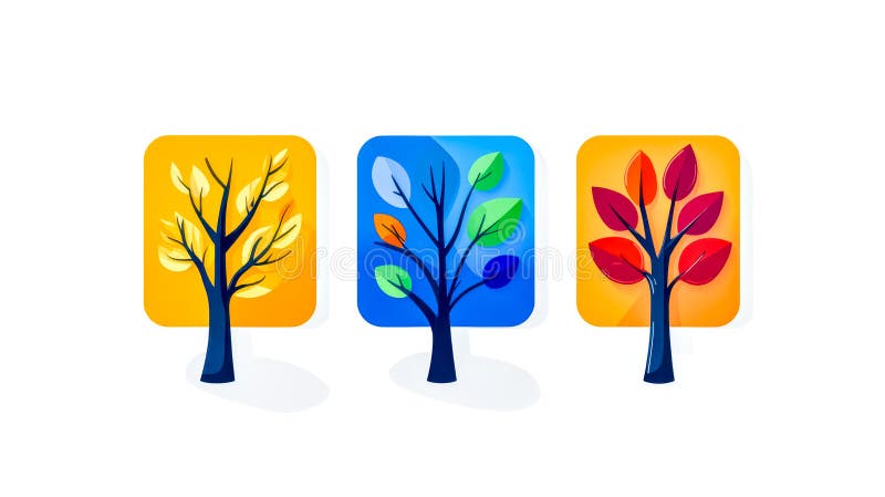 Three Trees Representing Seasons with Colorful Leaves on Transparent ...