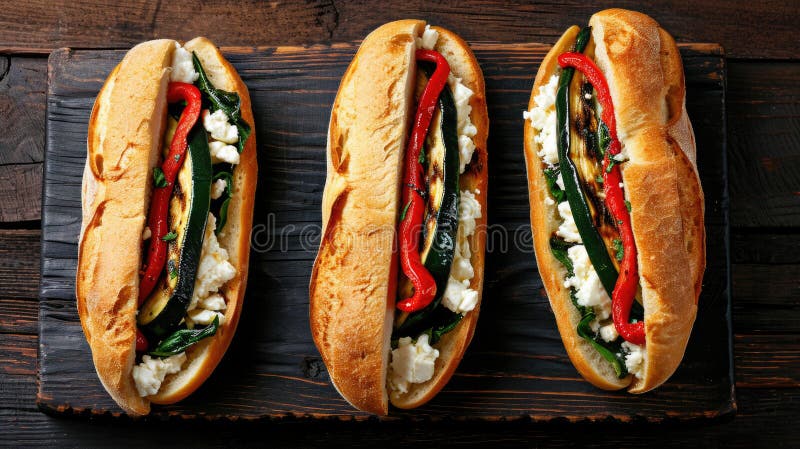 Three Sub Sandwiches Displayed on Cutting Board. Perfect for Food ...