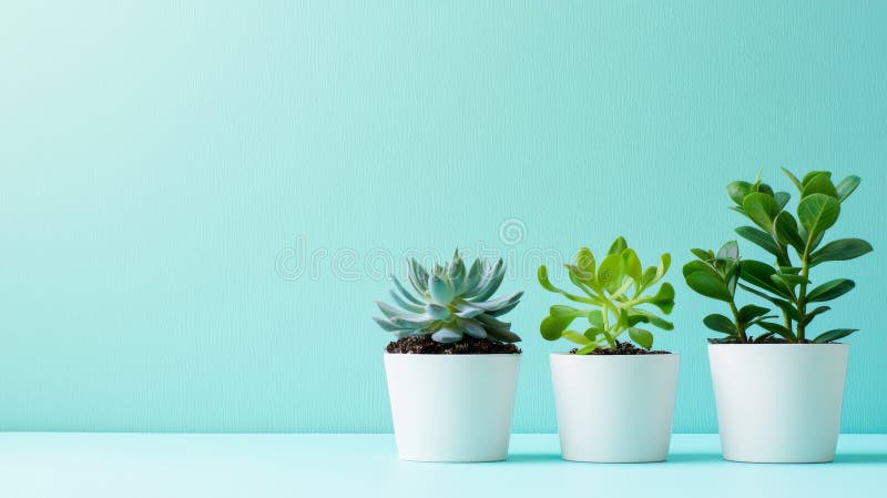 Three Succulent Plants in White Pots on a Blue Background with Copy ...