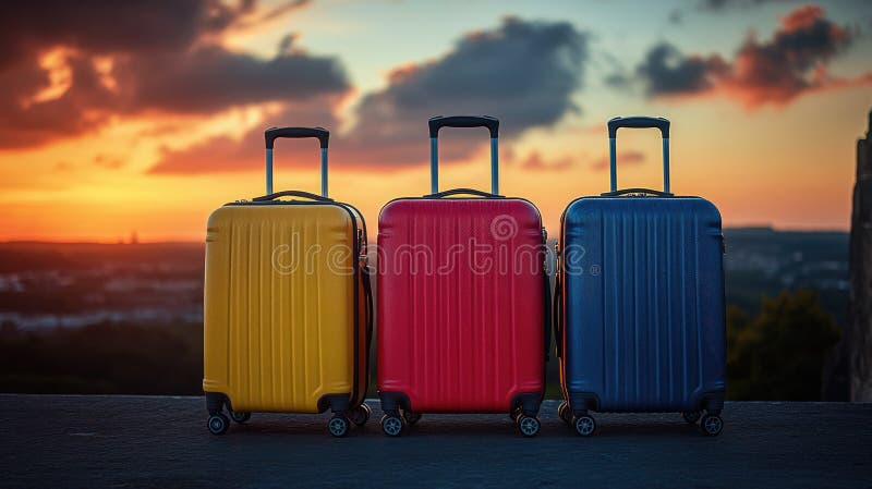 Three Suitcases and Bags Stacked on a Table, Possibly in an Airport or ...