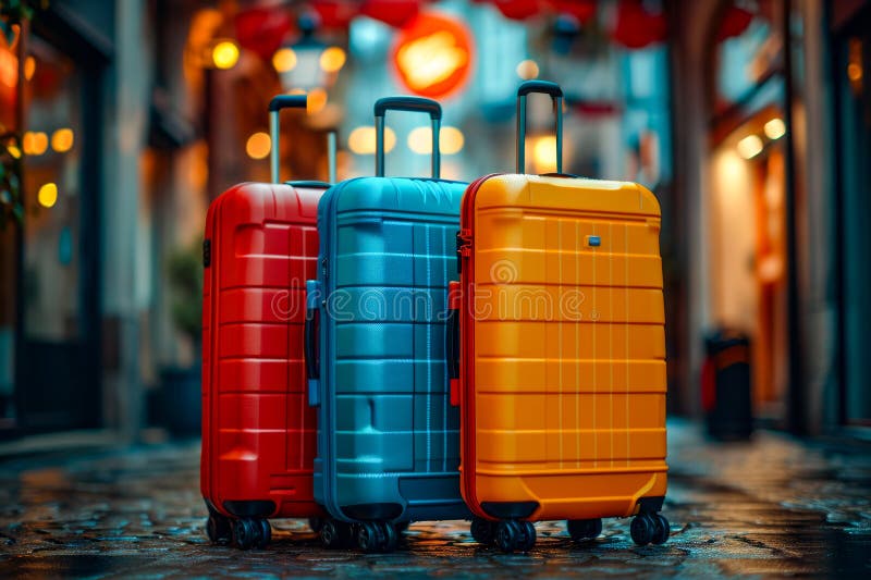 Three Suitcases of Different Colors are Standing Upright Next To Each ...