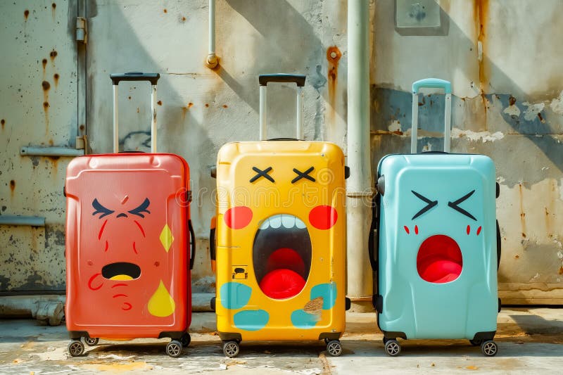 Three Suitcases with Faces Painted on Them, One of Which Has an Angry ...