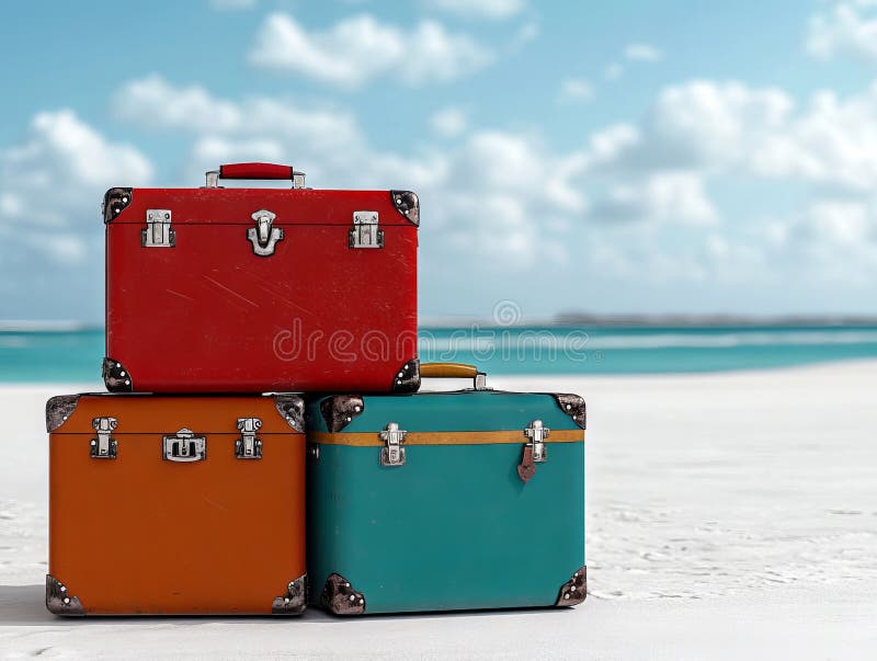 Three Suitcases Sitting on Top of Each Other on a Beach Stock Photo ...