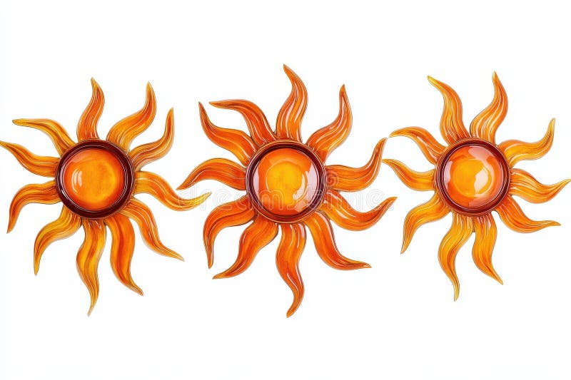 Three Sun Decorations Aligned Isolated on White Background Stock ...