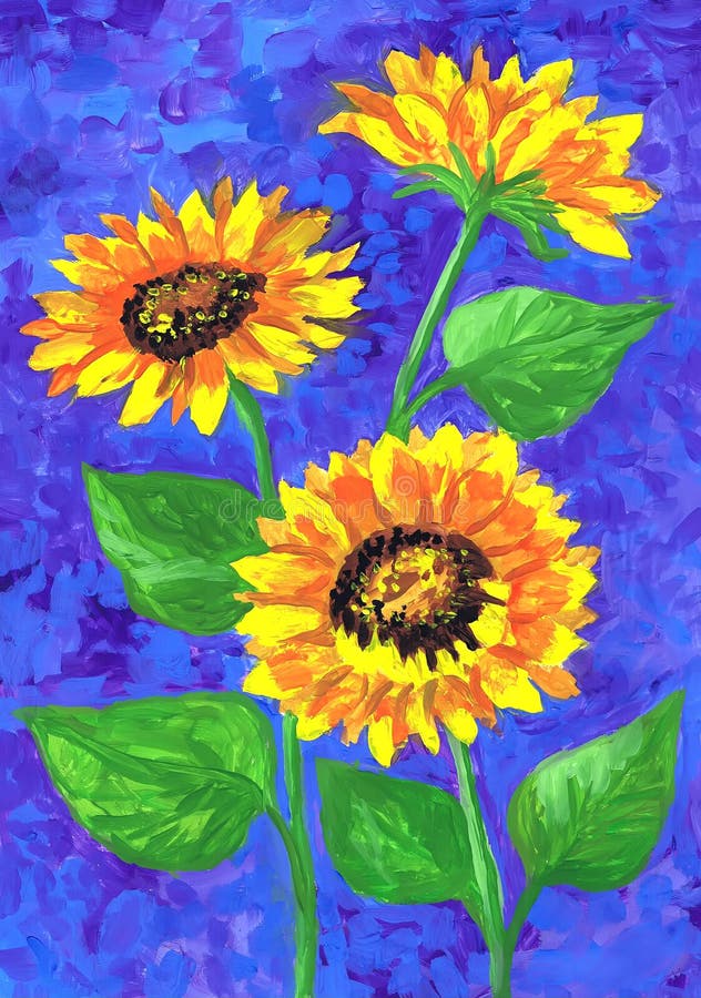 Three Sunflowers on a Blue Background. Children`s Drawing Stock Photo ...