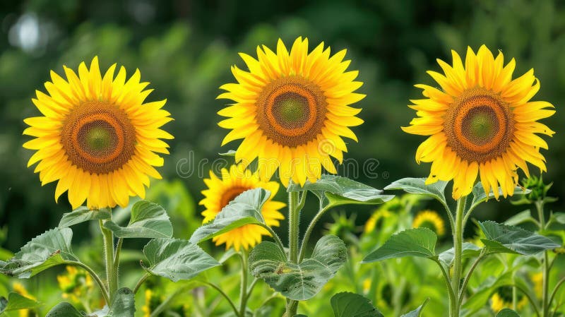 Three Sunflowers are Standing in a Field of Green Grass Stock ...