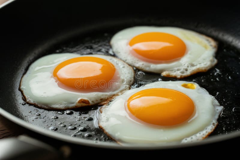 Three Sunny Side Up Eggs Cooking in a Non-Stick Frying Pan for ...