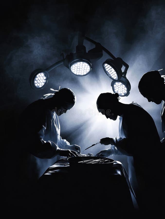 Surgeons in Scrubs Performing a Procedure Under Bright Surgical Lights ...