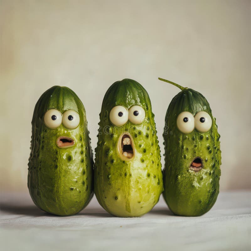 Three Surprised Pickles with Eyes Expressing Different Emotions on a ...