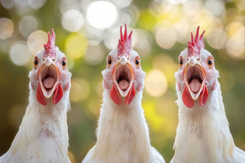 Three Surprised White Chickens with Open Beaks Stock Photo - Image of ...
