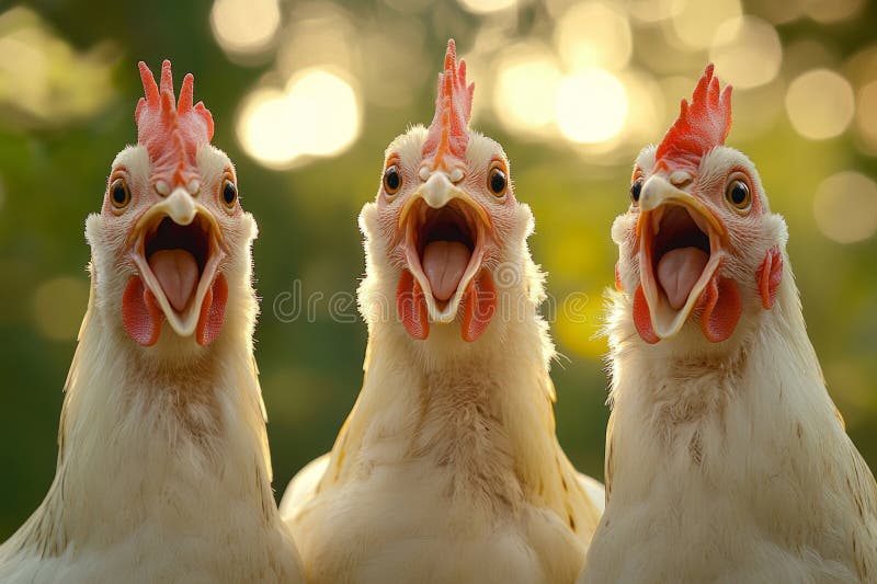 Three Surprised White Chickens with Open Beaks Stock Photo - Image of ...