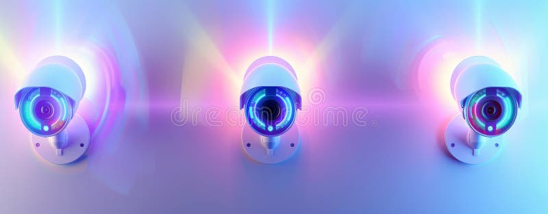 Three Surveillance Cameras in Futuristic Violet and Blue Light on a ...