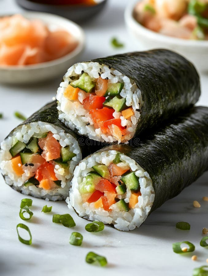 Three Sushi Rolls Filled with Vegetables and Seafood. Stock Image ...