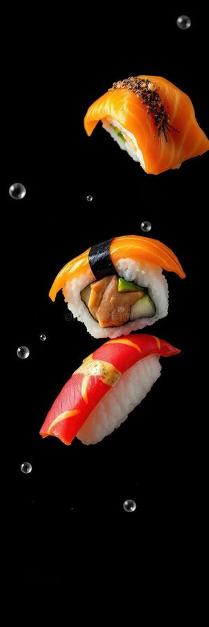 Three Sushi Rolls with Various Toppings Fall through the Air Against a ...