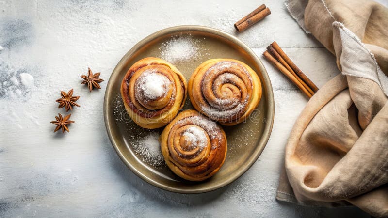 Three Sweet Cinnamon Rolls, Sugar Dusting, and Aromatic Spices on ...