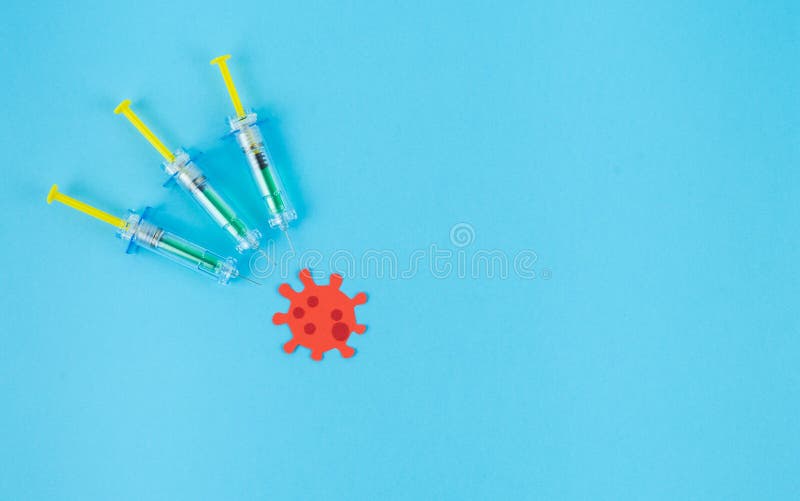 Three Syringes Stinging a Red Virus. Copy Space. Concept Covid-19 Stock ...