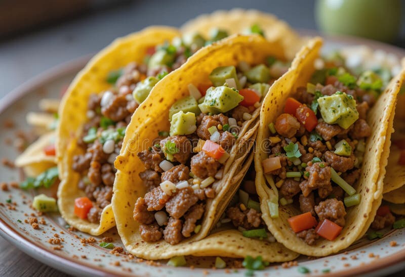 Three Tacos with Meat and Vegetables on a Plate Stock Illustration ...