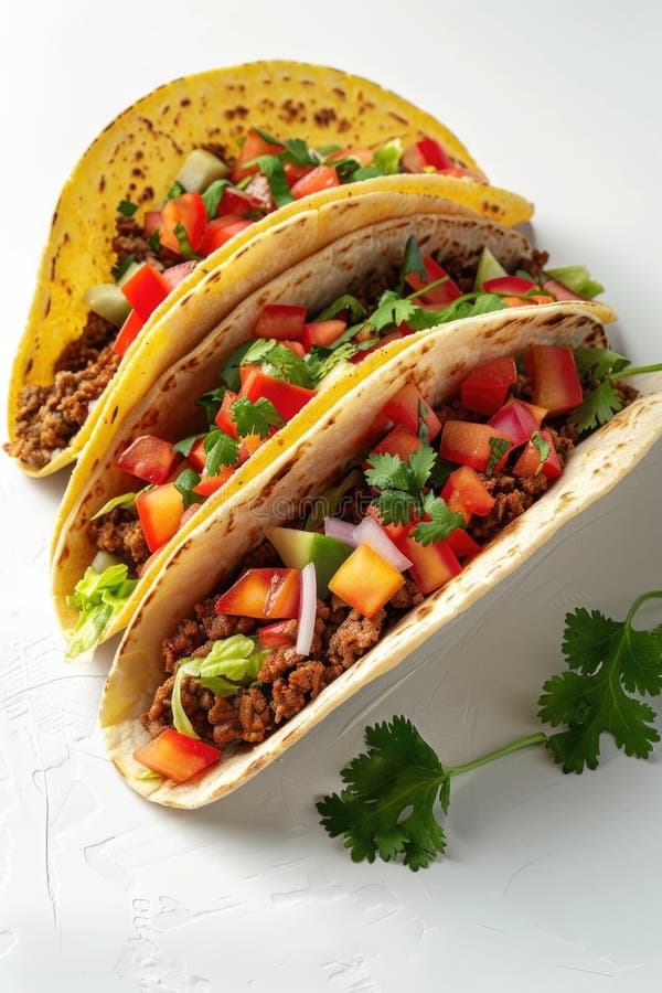 Three Tacos Placed on a Clean White Surface Stock Image - Image of ...
