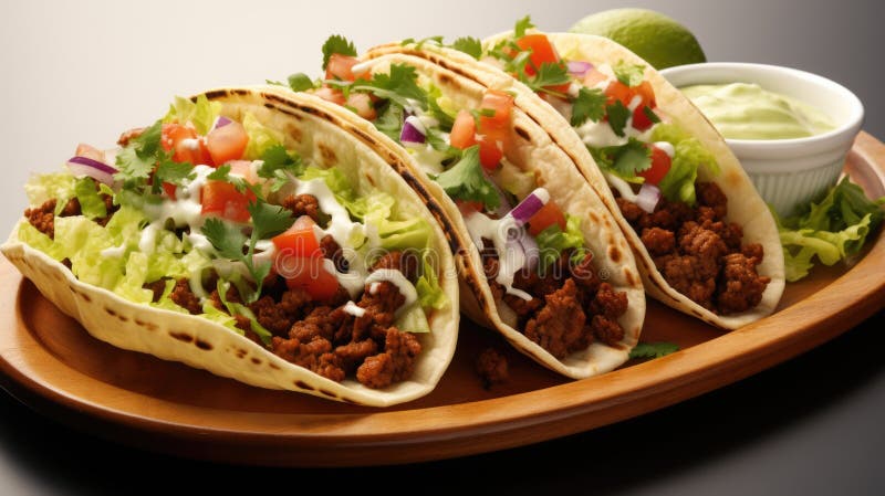 Three Tacos on a Plate with a Side of Guacamole Stock Image - Image of ...