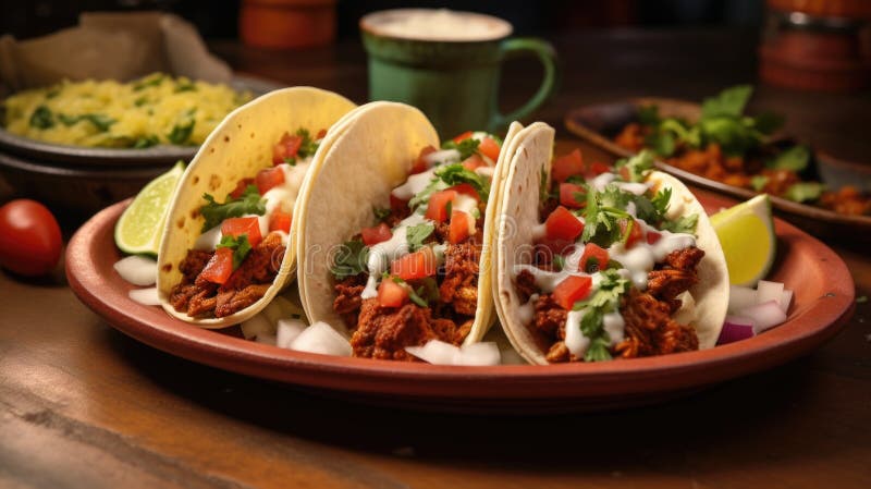Three Tacos on a Plate on a Table Stock Photo - Image of tomato, lunch ...