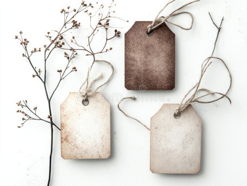 Three Tags are Hanging from a String, with White Background Stock ...