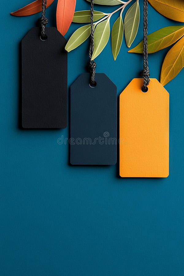 Three Tags with Leaves on a Blue Background Stock Photo - Image of ...
