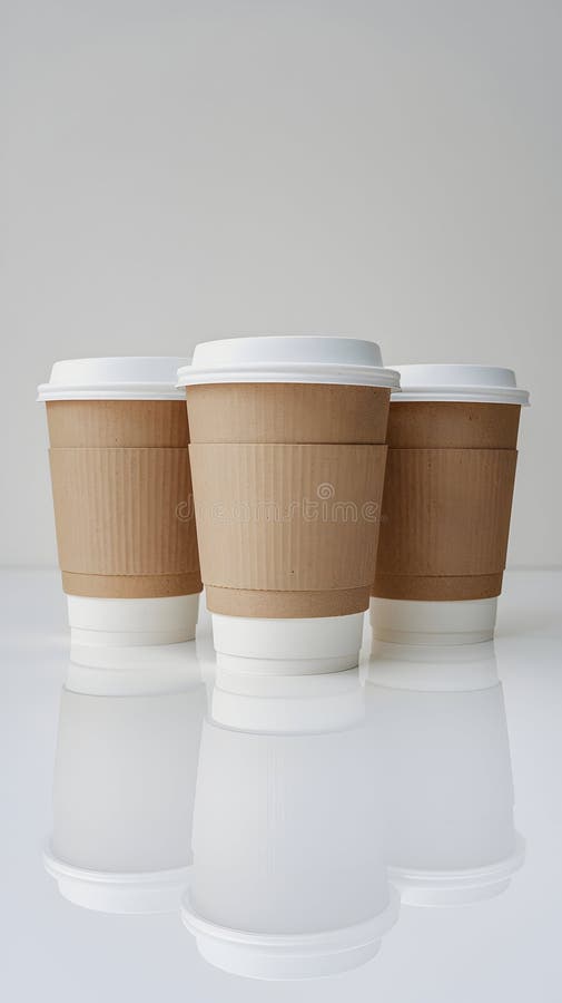 Three Takeaway Coffee Cups on Reflective Surface, Eco Friendly Branding ...