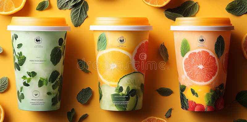 Three Takeaway Cups with Different Fruit Designs, on Yellow Background ...