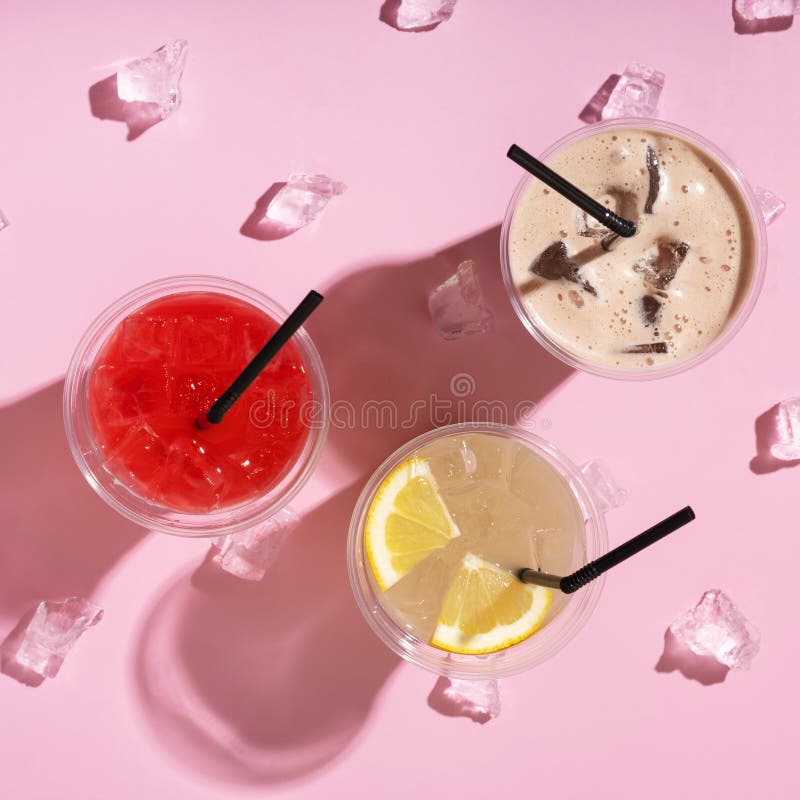 Three Takeaway Glasses Summer Drinks Ice Lemonade Colored Background ...