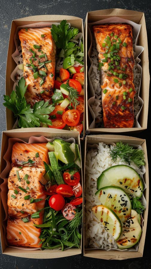 Nutritious Meal Boxes with Fish, Veggies, and Rice Arranged for Healthy ...