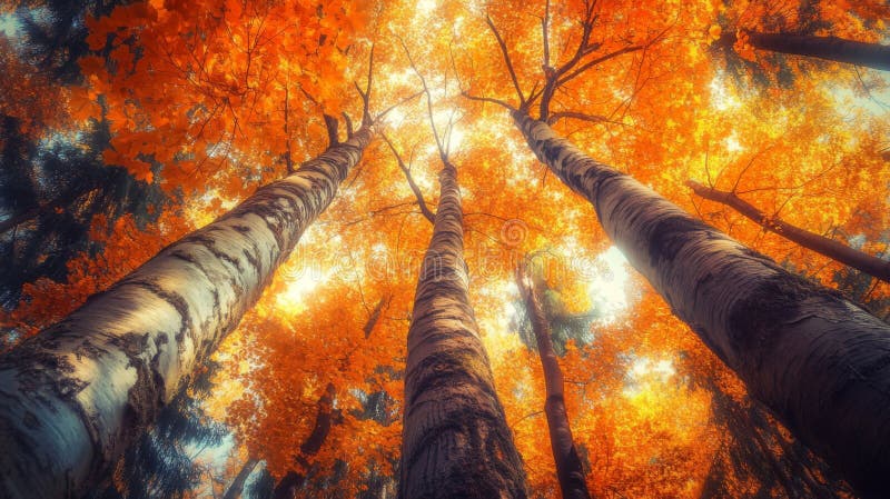 Three Tall Birch Trees Surrounded by Vivid Orange Autumn Foliage Stock ...