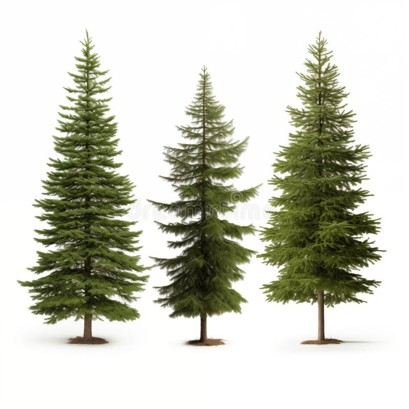 Three Tall Evergreen Trees Standing in a Row on a White Background ...