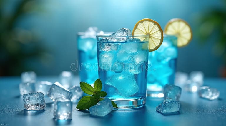 Three Tall Glasses Filled with Ice and a Blue Liquid Stock Illustration ...