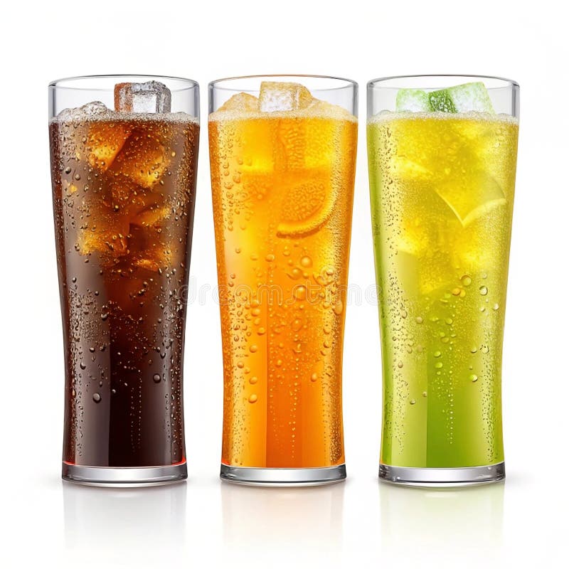 Three Tall Glasses of Refreshing Iced Beverages Cola, Orange, and Lime ...