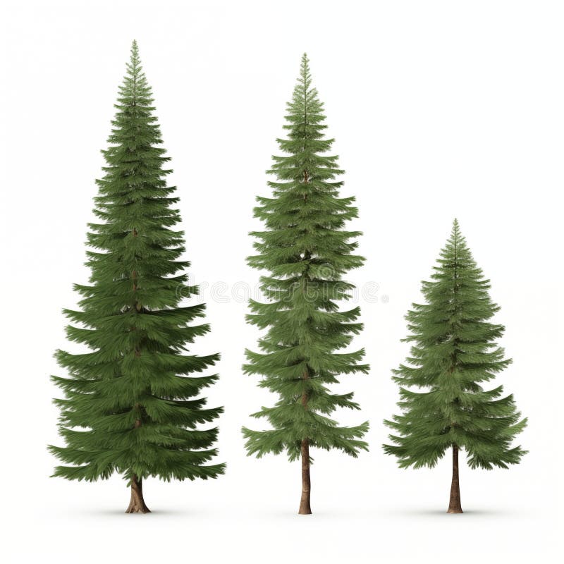 Three Tall Pine Trees Standing in a Row on a White Background Stock ...