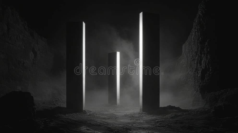 Three Tall, Rectangular Pillars Stand in a Desolate, Rocky Landscape ...