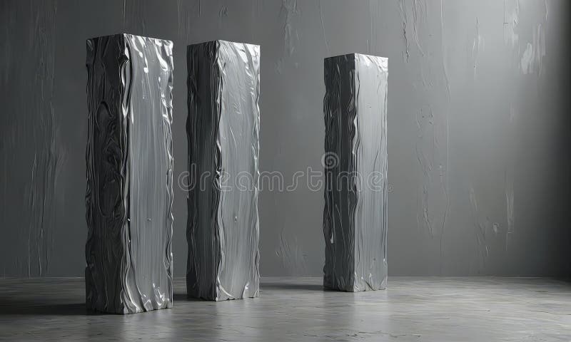 Three Tall, Rectangular Pillars with Textured Surface Stand in Dimly ...